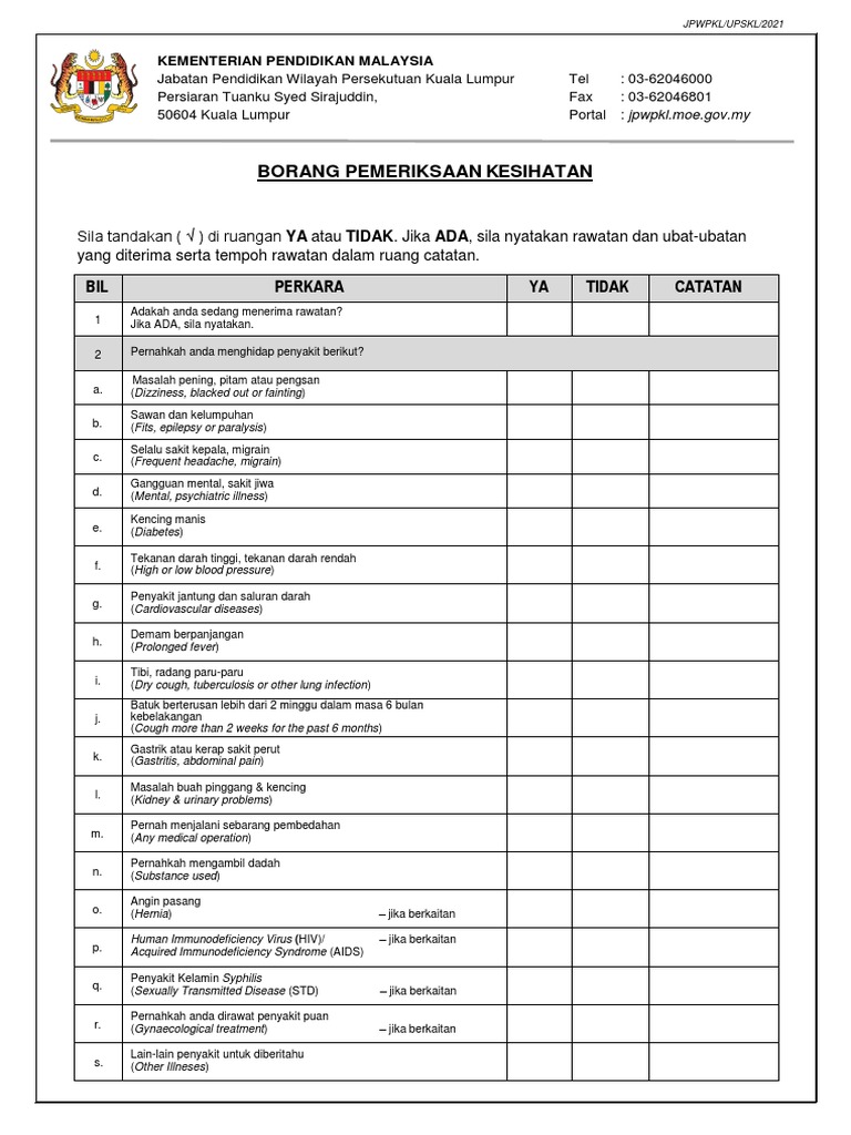 Borang Pemeriksaan Kesihatan | PDF