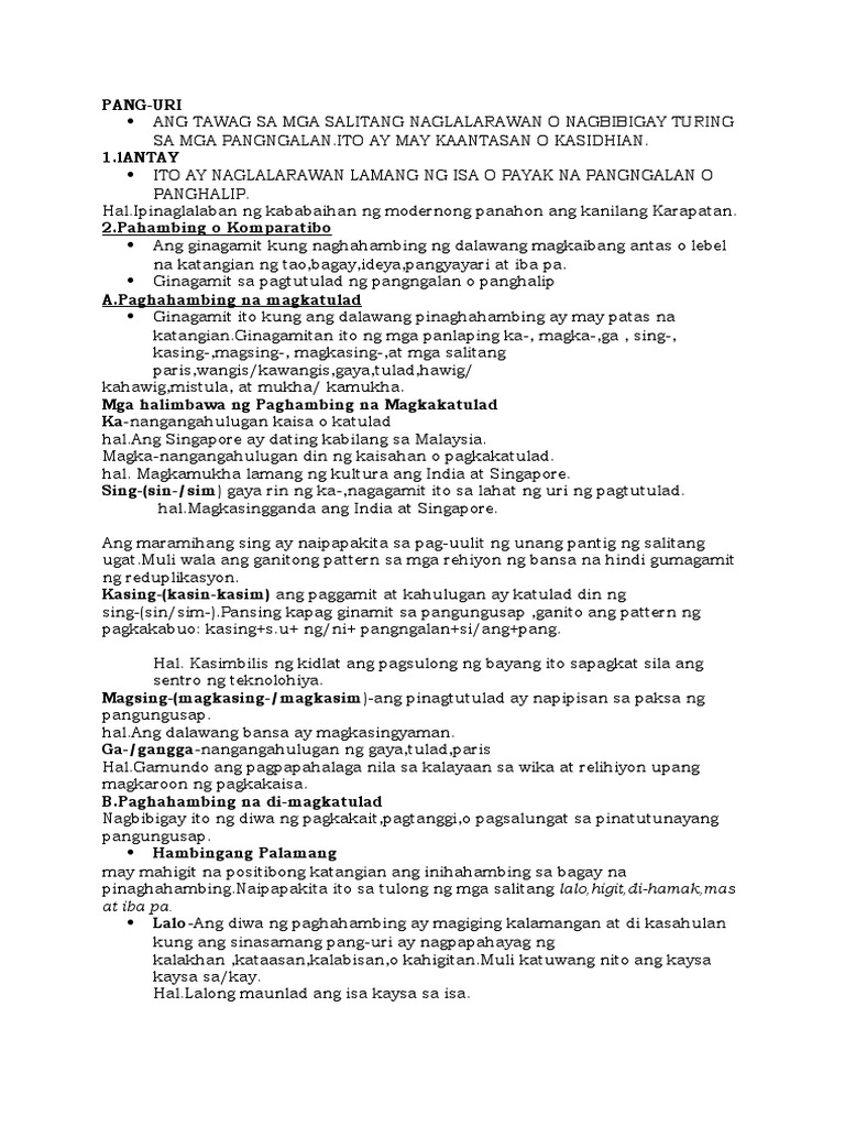 Kasidhian NG Pang-Uri Hand Out | PDF