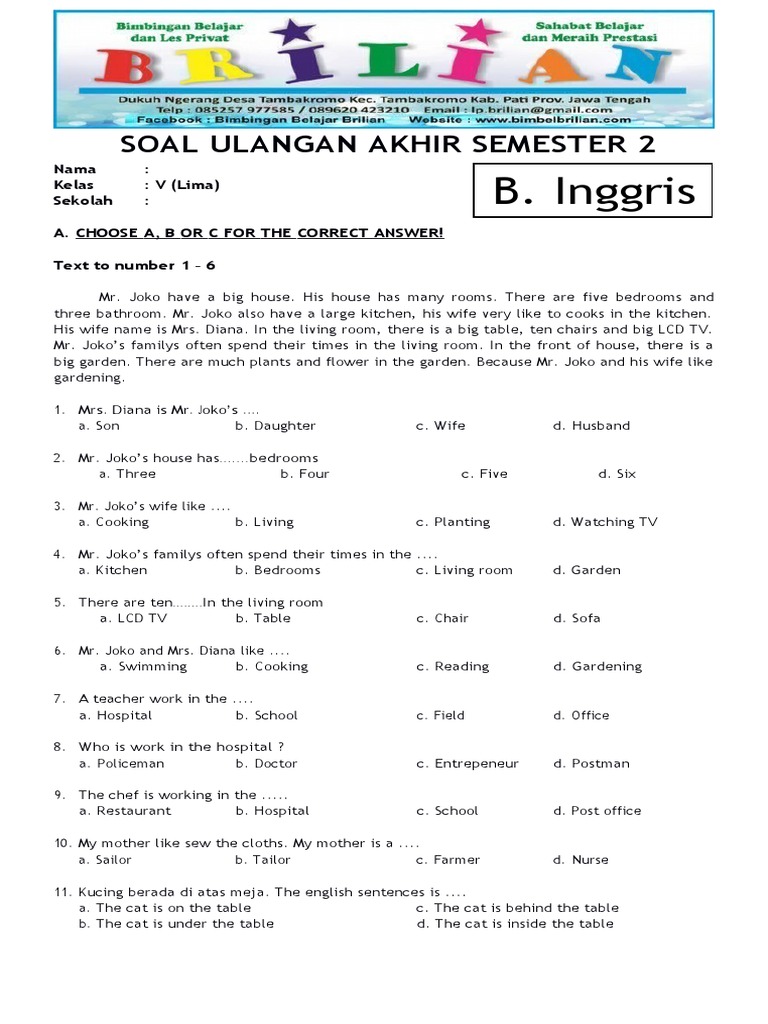 Soal UAS Bahasa Inggris Kelas 5 SD Semester 2 Dan Kunci Jawaban | PDF