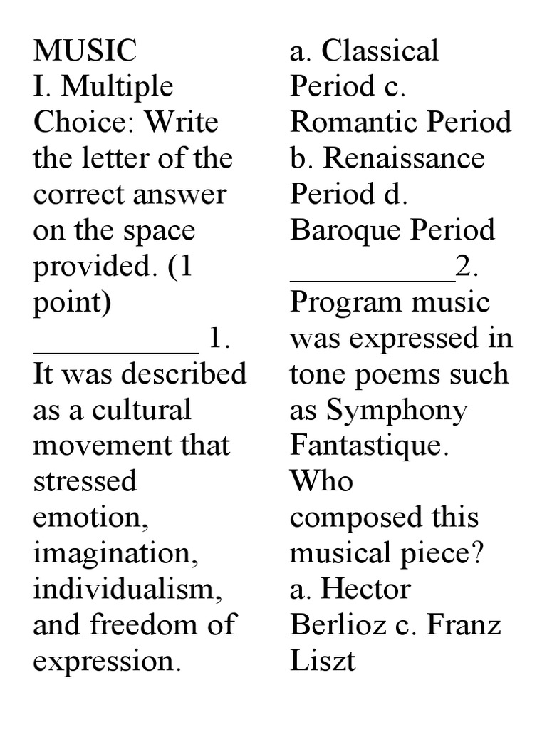 Multiple Choice: Music Genres and Composers | PDF | Romantic Music ...