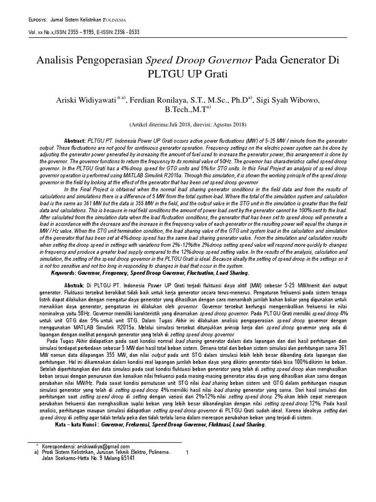 Jurnal-Speed Droop Governor PLTGU Grati | PDF | Listrik | Daya (Fisika)