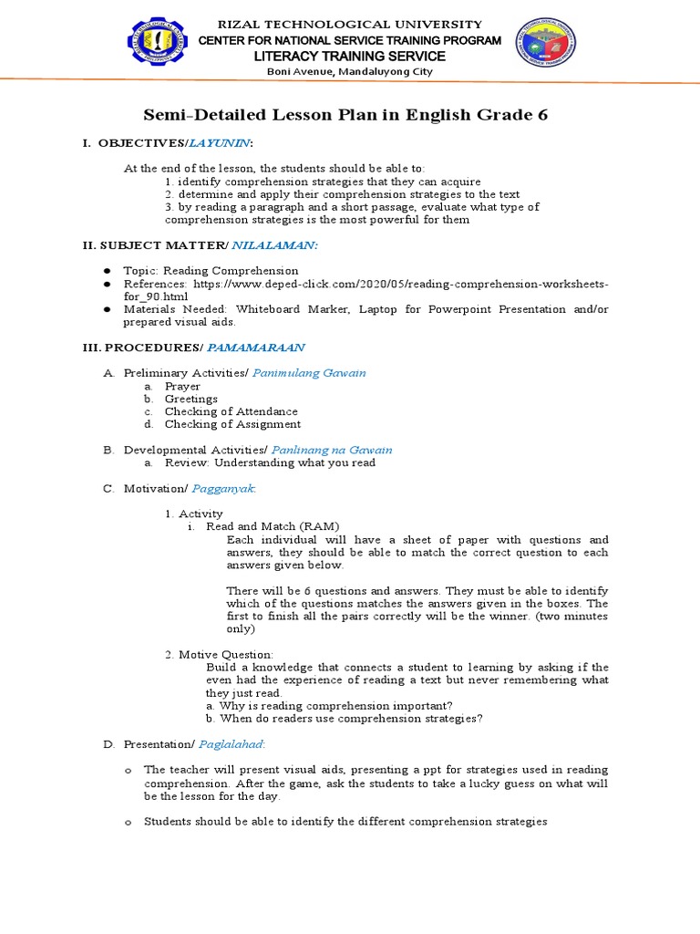 BELIA - SD Lesson Plan Reading Comp G6 | PDF | Reading Comprehension ...
