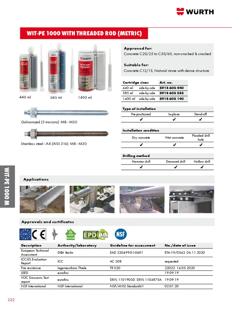 Ficha Técnica WIT-PE 1000 para Varillas Roscadas Würth | PDF | Concrete ...