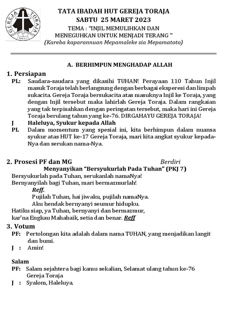 Tata Ibadah HUT Gereja Toraja ke-76 | PDF