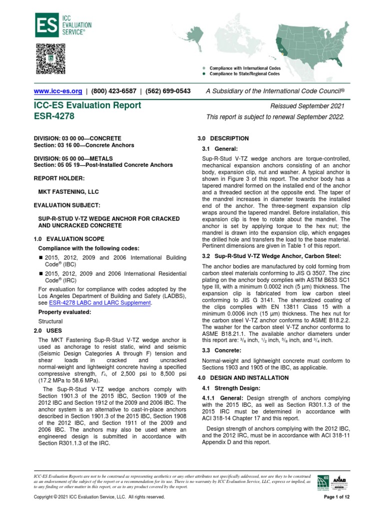 ICC-ES Evaluation Report ESR-4278: A Subsidiary of The International Code Council | PDF ...