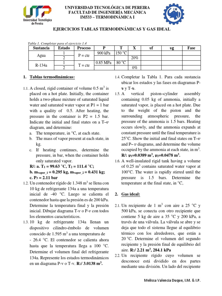 Taller1 Tablas GasIdeal | PDF | Gases | Temperatura