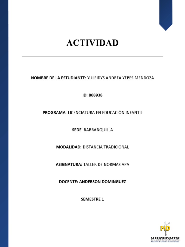 Taller de Normas Apa - Yuleidys Yepes, Actividad | PDF | Enseñando | Aprendizaje