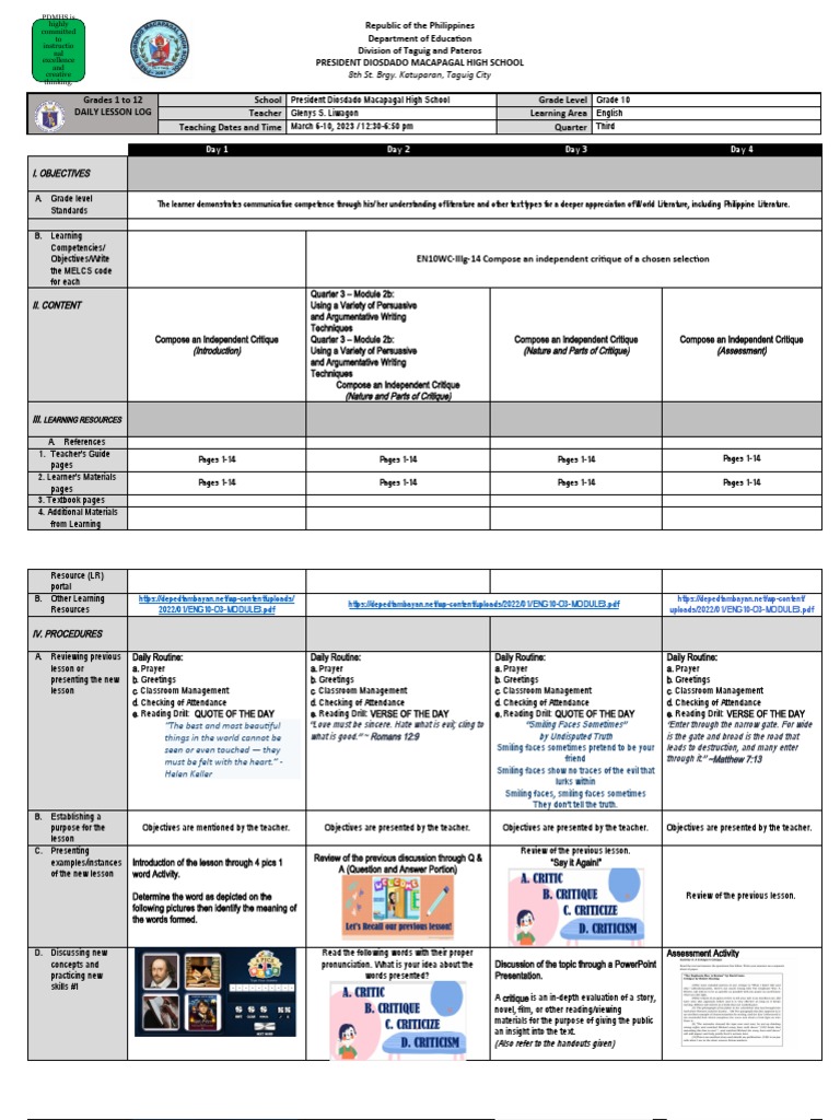 Grade 10 English Daily Lesson Log | PDF | Learning | Teachers