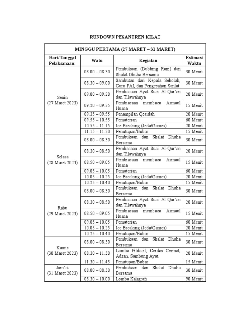 Rundown Pesantren Kilat | PDF