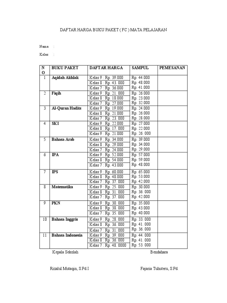 Daftar Harga Buku Paket | PDF