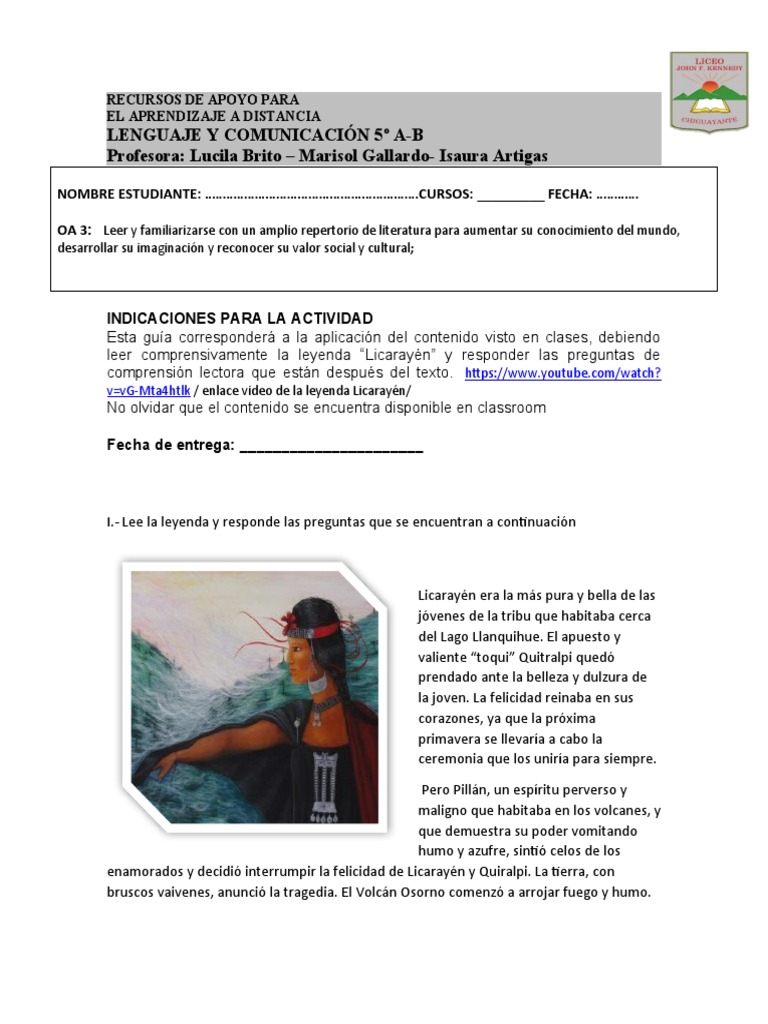 Actividades sobre la leyenda Licarayén | PDF