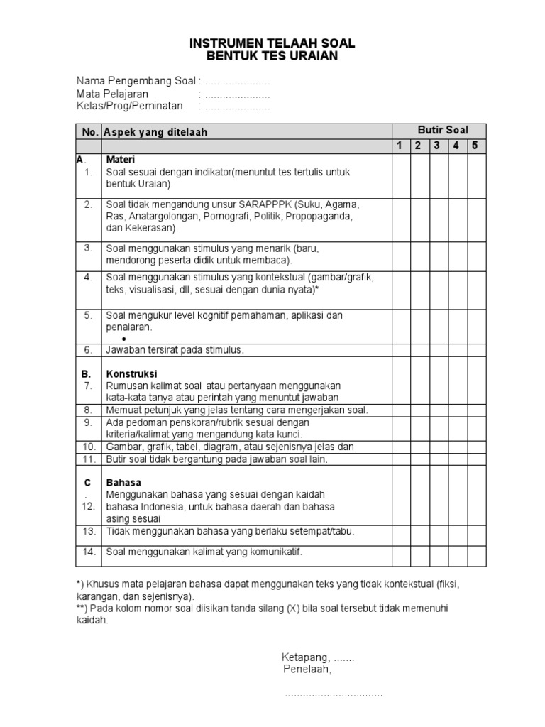INSTRUMENT PENILAIAN SOAL URAIAN | PDF