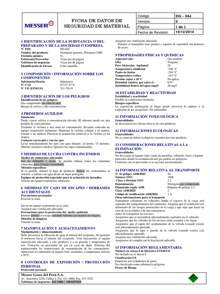 HOJA MSDS_ NITROGENO | PDF | Gases | Agua