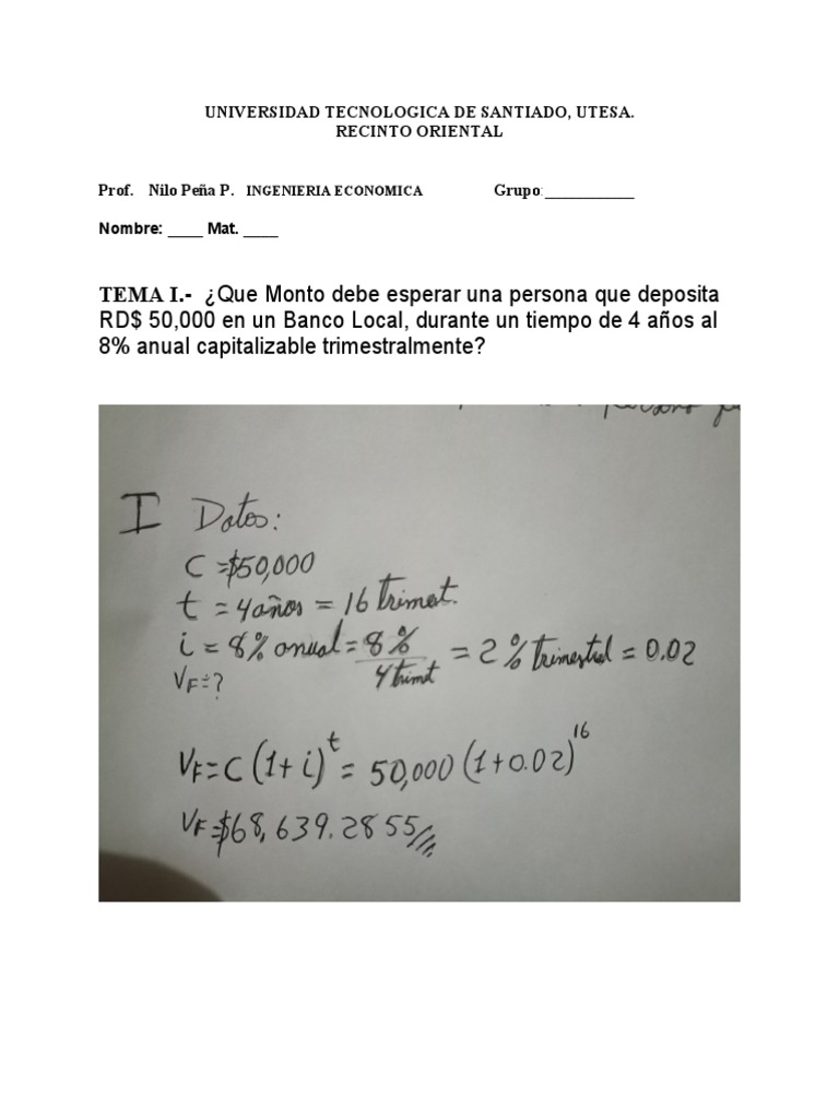 Examen Segundo Parcial Ingenieria Economica Profesor: Nilo Peña | PDF