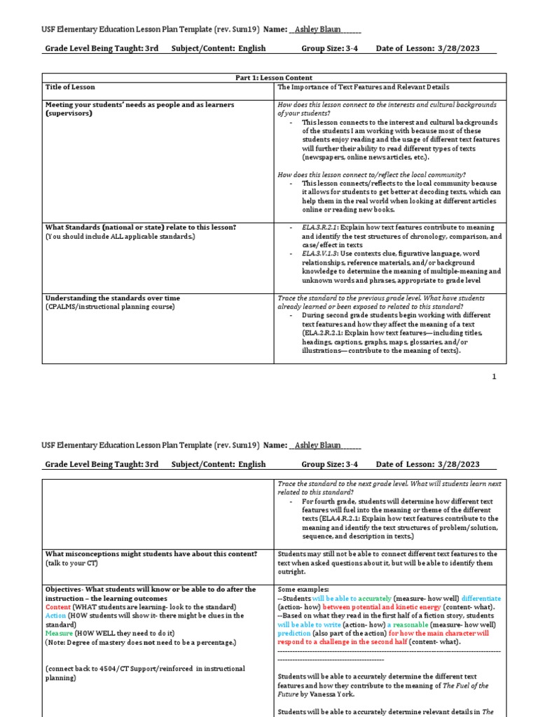 3rd Grade Text Features Lesson | PDF | Lesson Plan | Rubric (Academic)