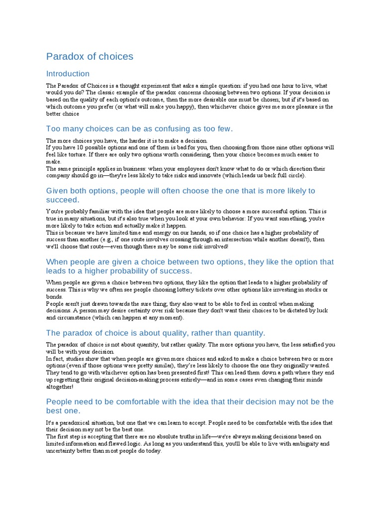 Paradox of Choices | PDF | Choice | Decision Making