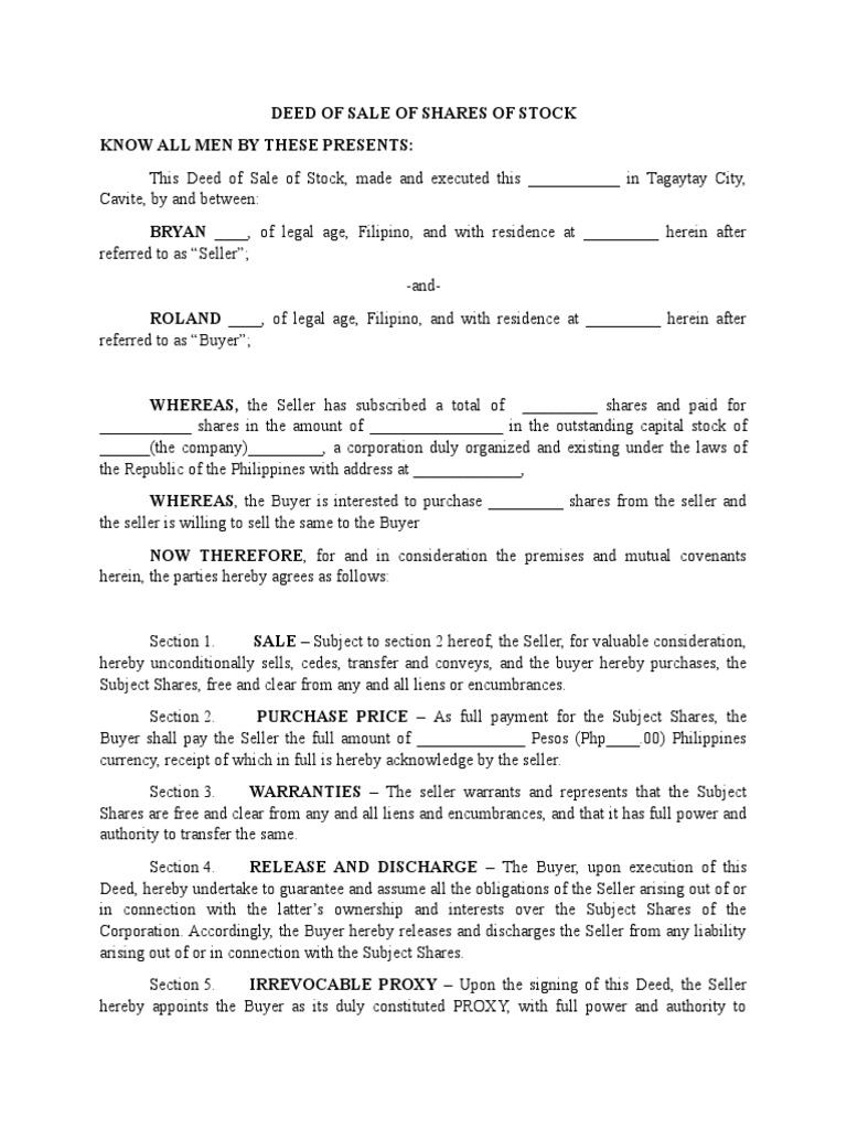 Deed of Sale of Shares of Stock | PDF | Deed | Stocks