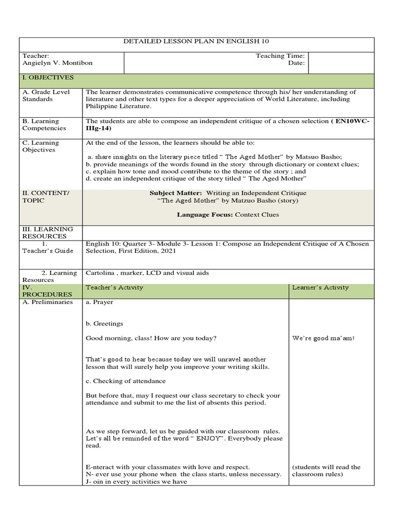 English 10 Lesson Plan: Critique "The Aged Mother" | PDF | Essays ...