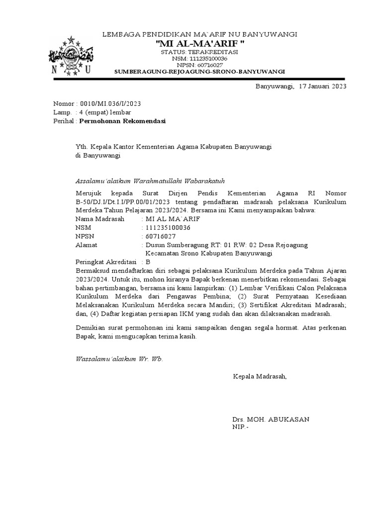 Contoh Permohonan Rekomendasi Ikm 2023 | PDF