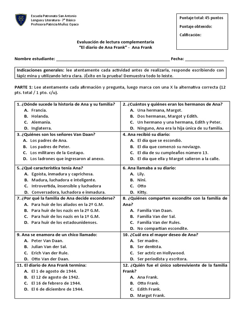 7° Evaluación Lectura Complementaria | PDF | Anne Frank