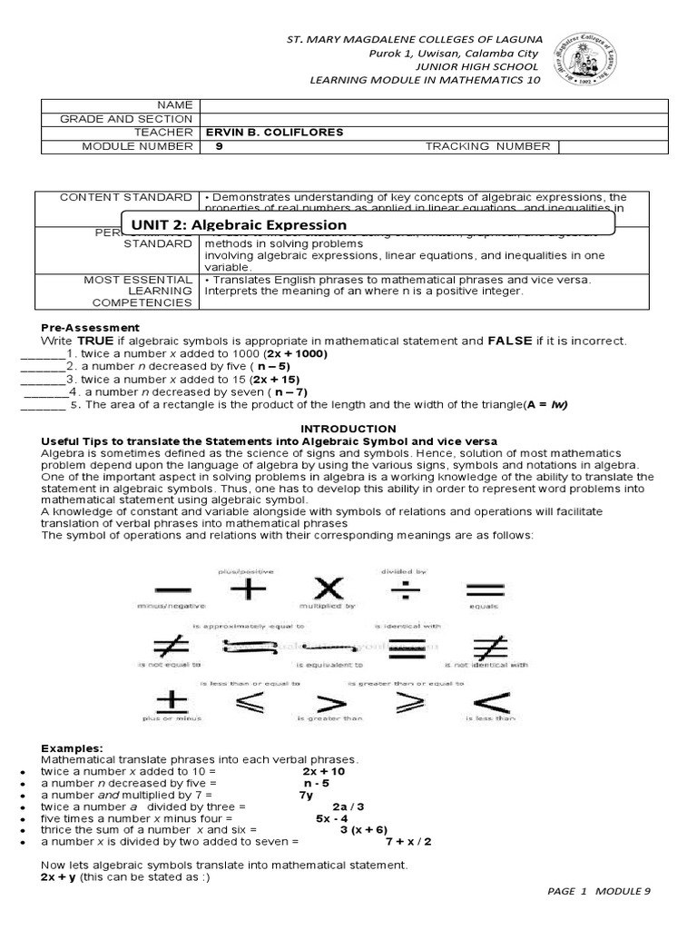 Week 9 MATH 7 | PDF | Algebra | Mathematics