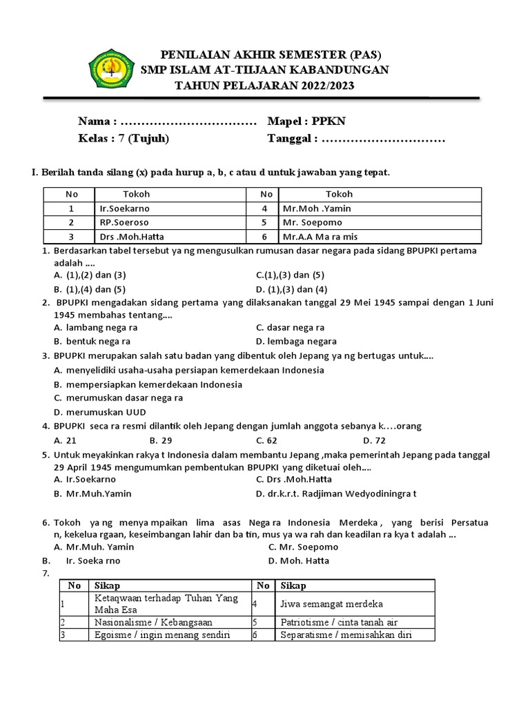 PKN Kelas 7 Sem 1 22-23 | PDF