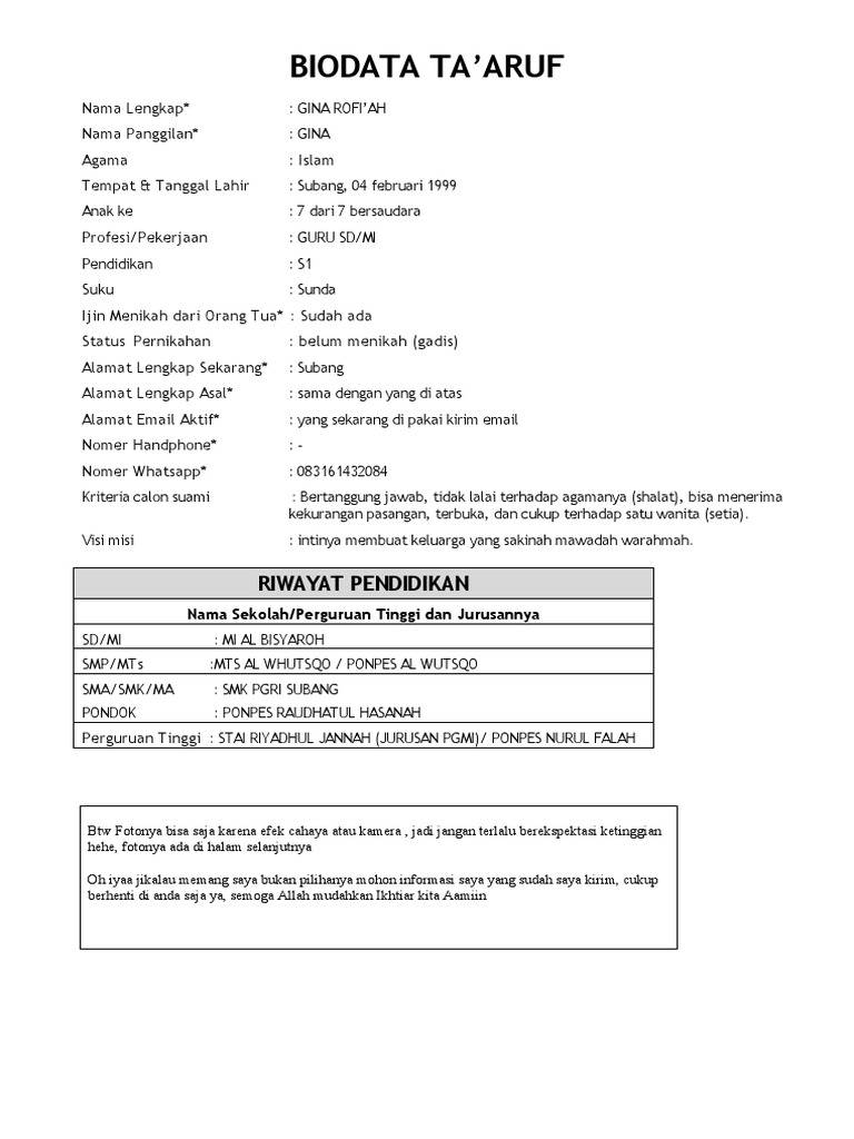 Biodata Taaruf Gina | PDF