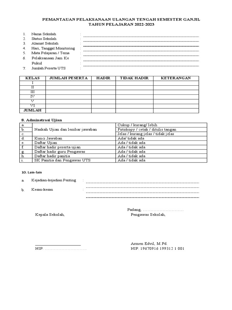 Instrumen Pemantauan Pelaksanaan UTS | PDF