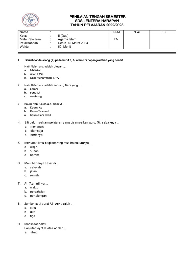 Kelas 2 PTS Genap Agama Islam | PDF Kelas 2 PTS Genap Agama Islam | PDF