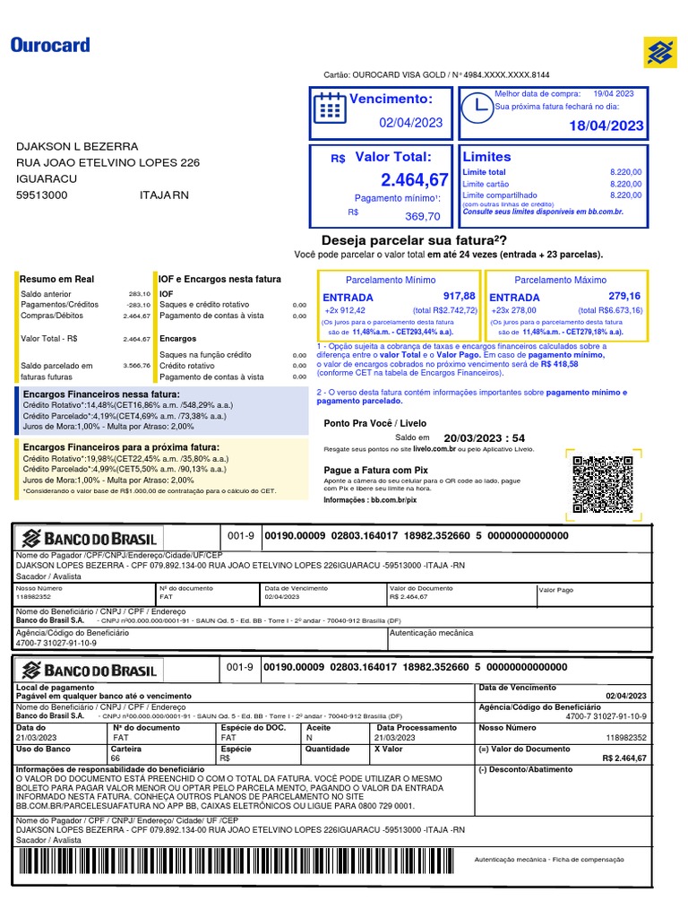 Extrato da fatura do cartão de crédito Ourocard Visa Gold com detalhes ...