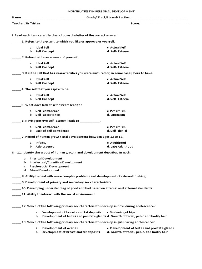 Monthly Test in Personal Development | PDF | Social Psychology ...