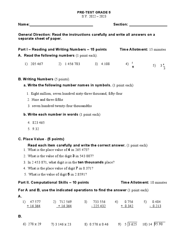 Pre-Test Grade 5: A Multi-Section Assessment of Number Sense ...