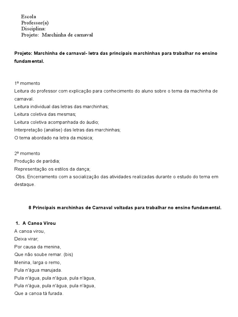 Marchinhas de Carnaval para Educação Infantil | PDF