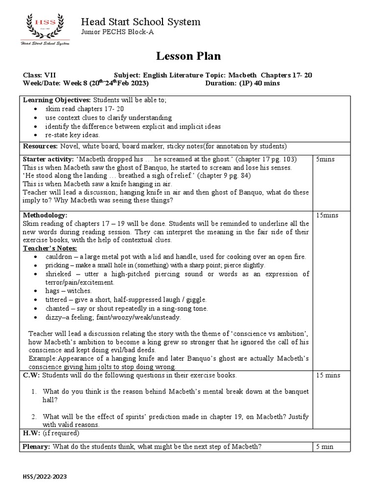 Macbeth Lesson Plan: Chapters 17-20 | PDF | Macbeth | Learning