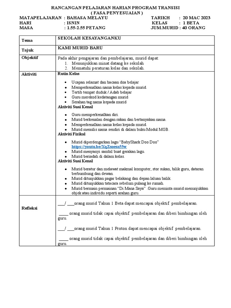 Contoh Rancangan Pelajaran Harian Program Transisi | PDF