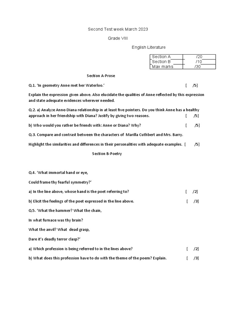 Second Test Week March 2023 Eng Lit Grade 8 | PDF
