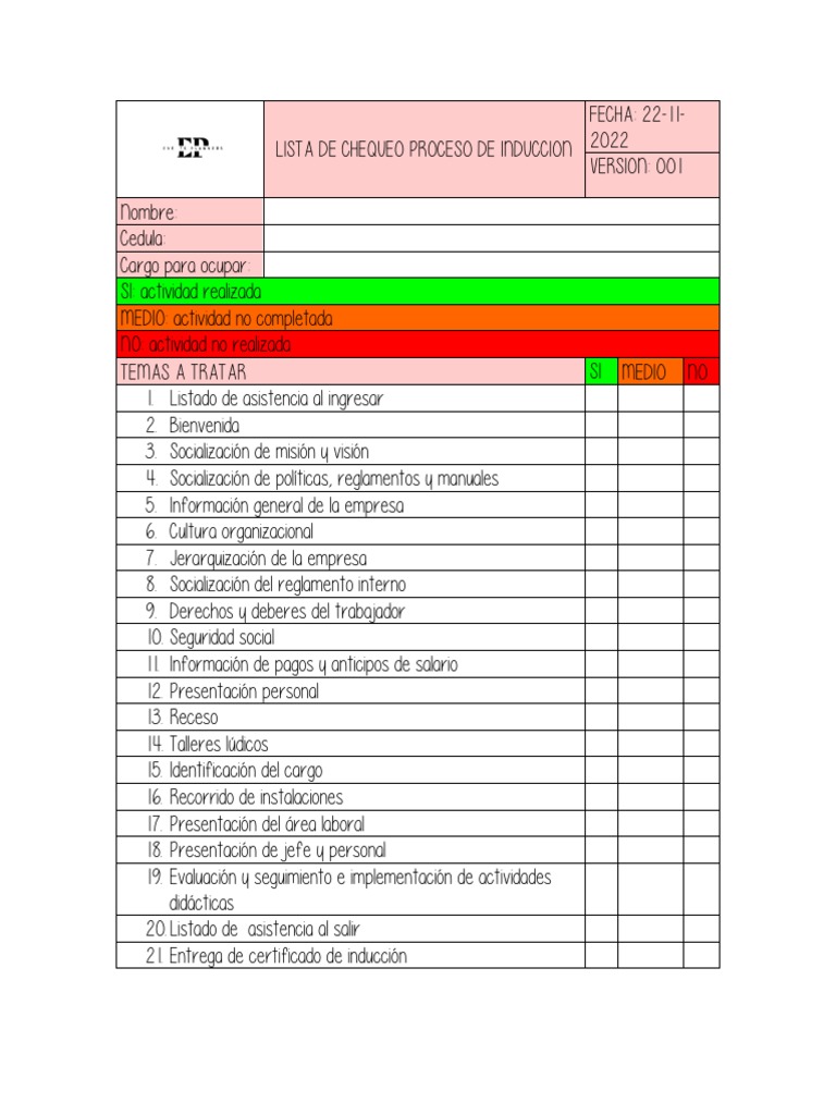 Lista de Chequeo Proceso de Induccion | PDF Lista de Chequeo Proceso de Induccion | PDF