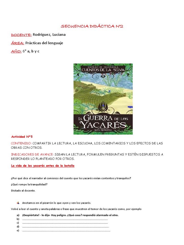 Actividades sobre "La guerra de los yacarés" | PDF | Ficción general