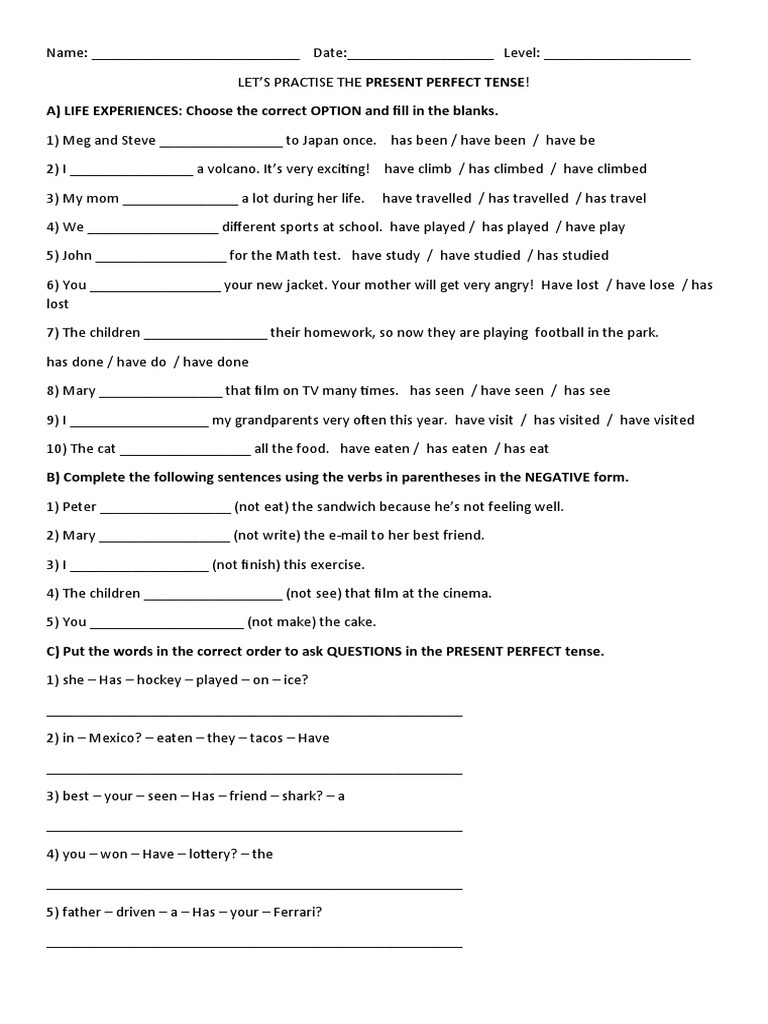 Present Perfect Tense Practice Worksheet | PDF