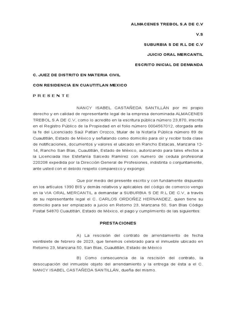 Escrito Inicial de Demanda | PDF | Demanda judicial | Derecho Civil ...