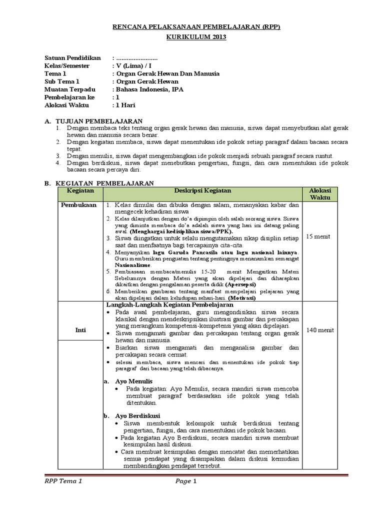 RPP Lengkap Kelas 5 Tema 1 | PDF