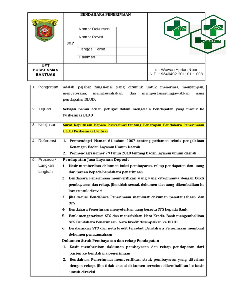 SOP Bendahara Penerimaan BLUD Puskesmas | PDF | Pengelolaan Keuangan & Uang