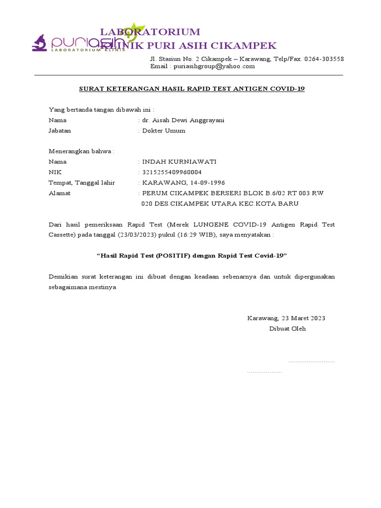 Laboratorium Klinik Puri Asih Cikampek: Surat Keterangan Hasil Rapid ...