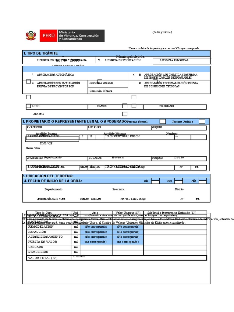 Autoliquidación: Formulario Único - Anexo "D" LEY N.º 29090 1. Tipo de Trámite | PDF