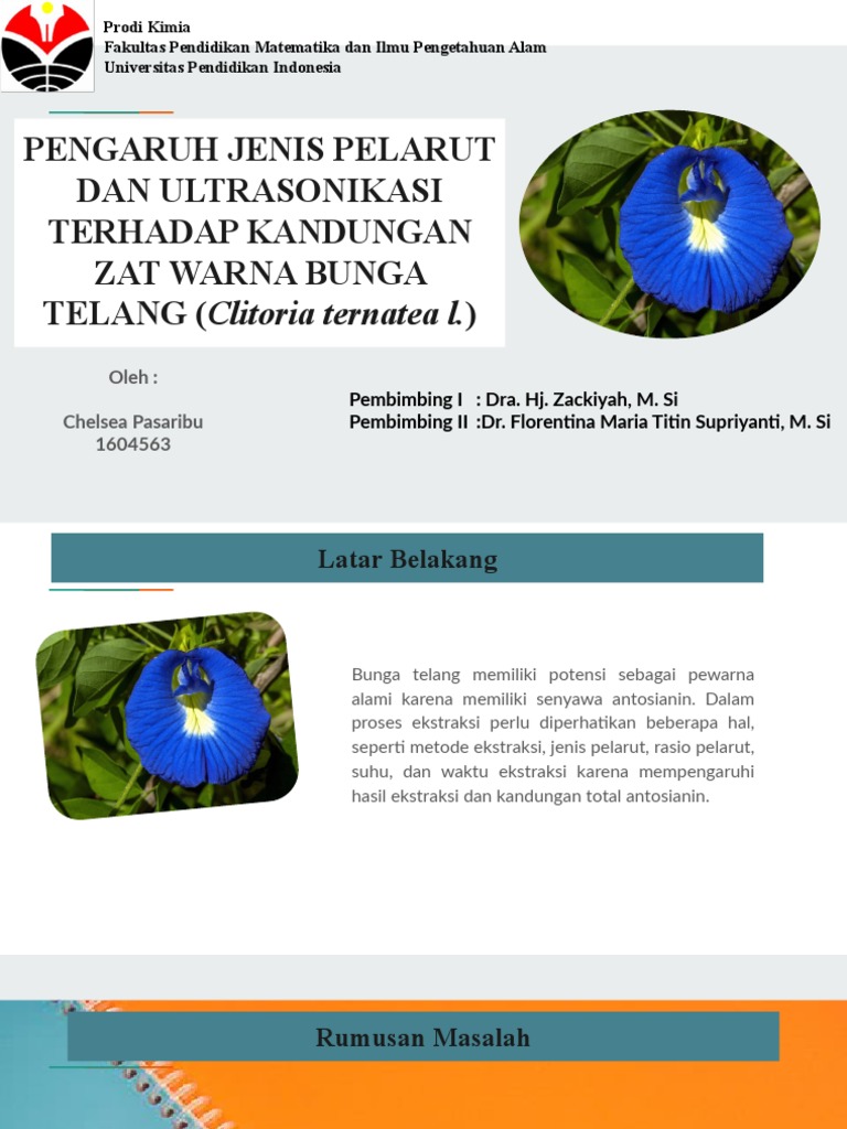 PENGARUH JENIS PELARUT DAN ULTRASONIKASI TERHADAP KANDUNGAN ZAT WARNA BUNGA TELANG (Clitoria ...