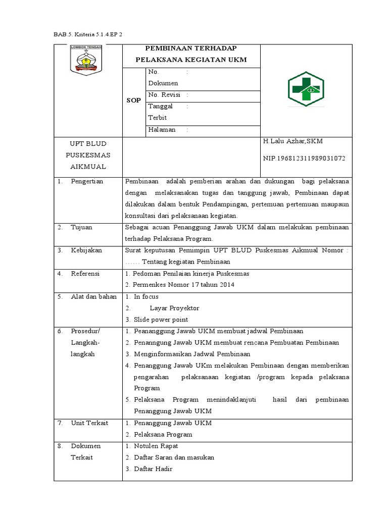 5.1.4.2.SOP Dan KAK Serta DAUN Pembinaan Terhadap Pelaksaan Kegiatan UKM Secara Umum | PDF | Bisnis