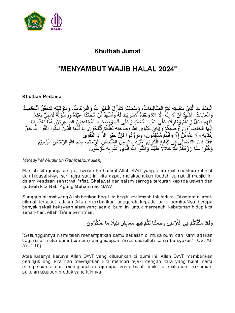 Khutbah Jumat Wajib Halal 2024 | PDF | Agama & Spiritualitas