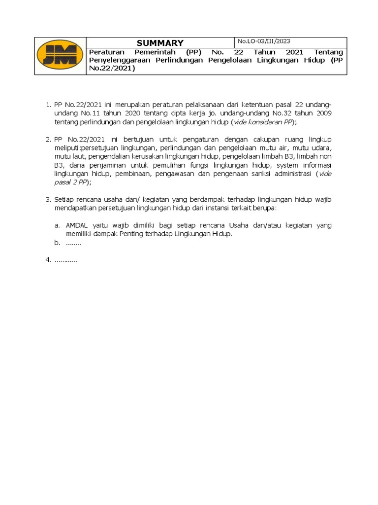 SUMMARY PP 22 Tahun 2021 | PDF