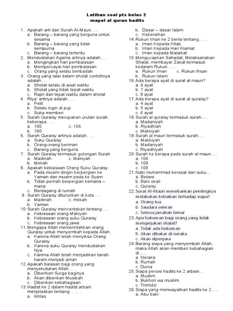 Latihan Soal Pts Kelas 2 Al Quran Hadits | PDF
