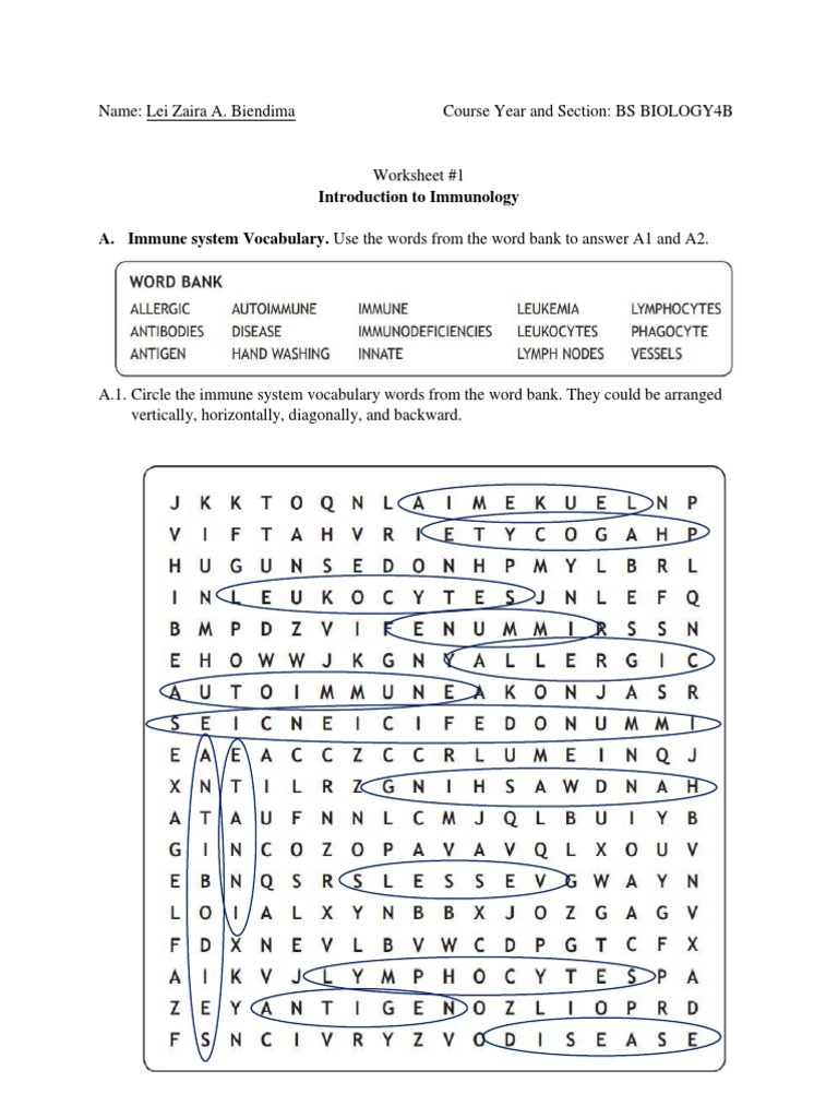 Worksheet #1: An Introduction to Immunology Vocabulary, Concepts, and ...